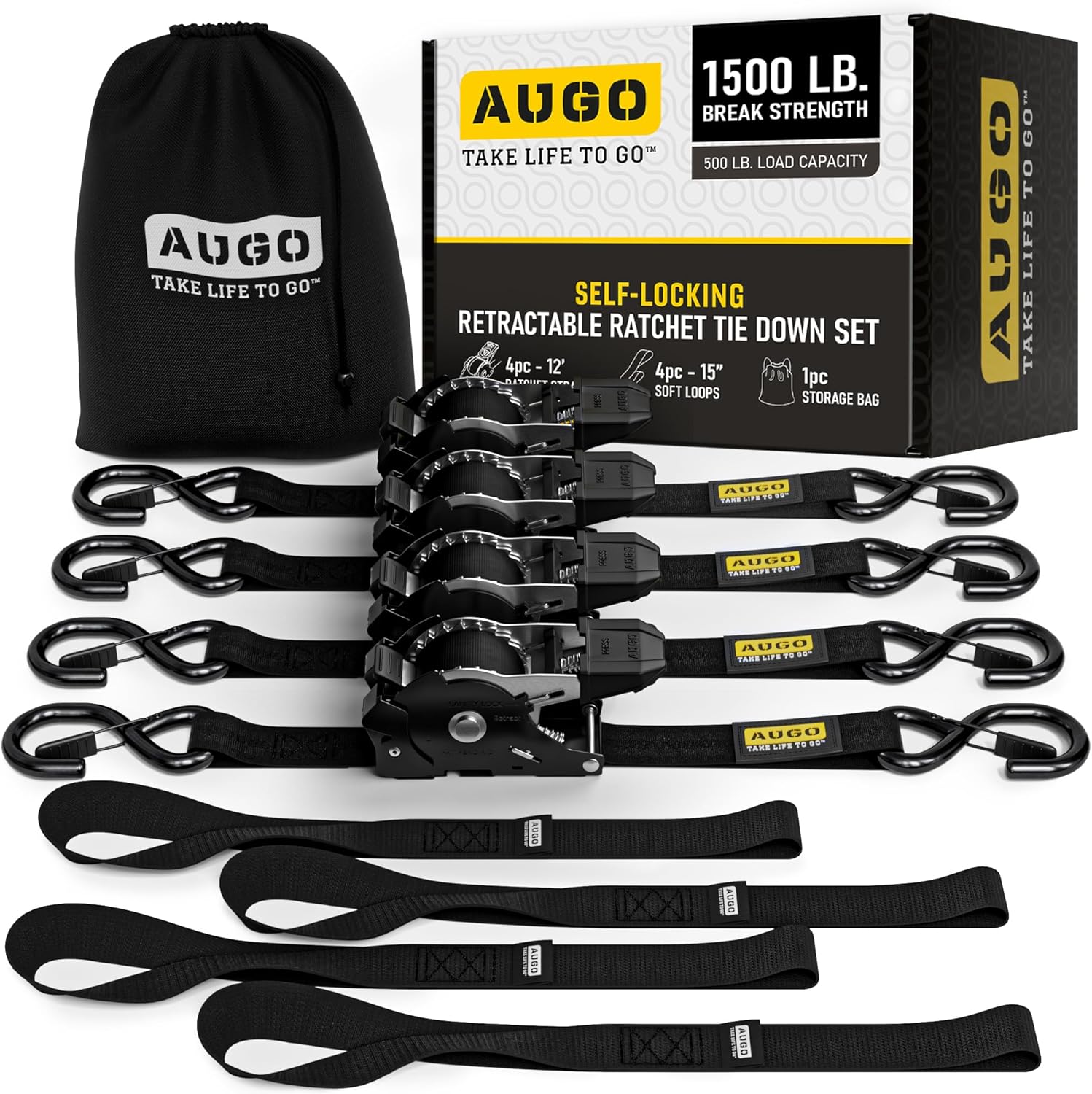 Heavy Duty Retractable Ratchet Straps - 4 Pack - 1" x 12 Ft - 1500 Lb ...